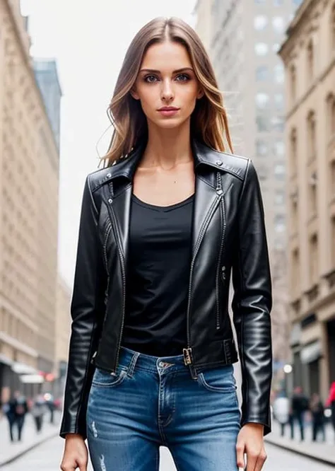 A woman in a black leather jacket and jeans standing on a street ...