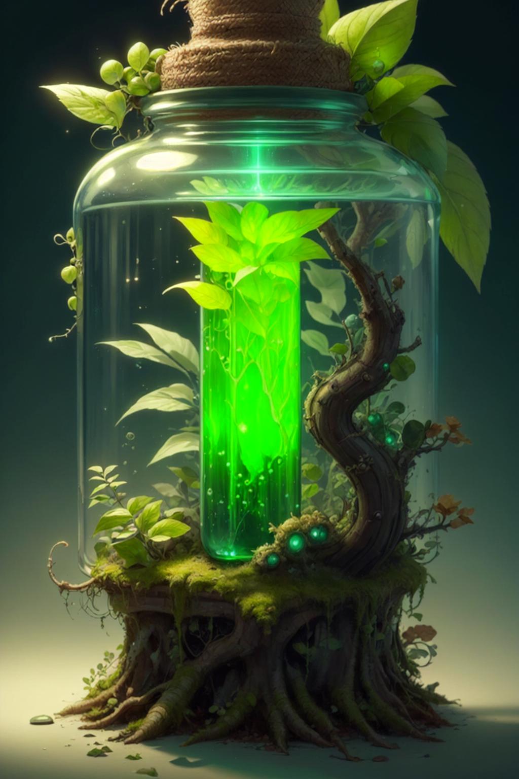 A green liquid bottle with a tree inside of it - SeaArt AI