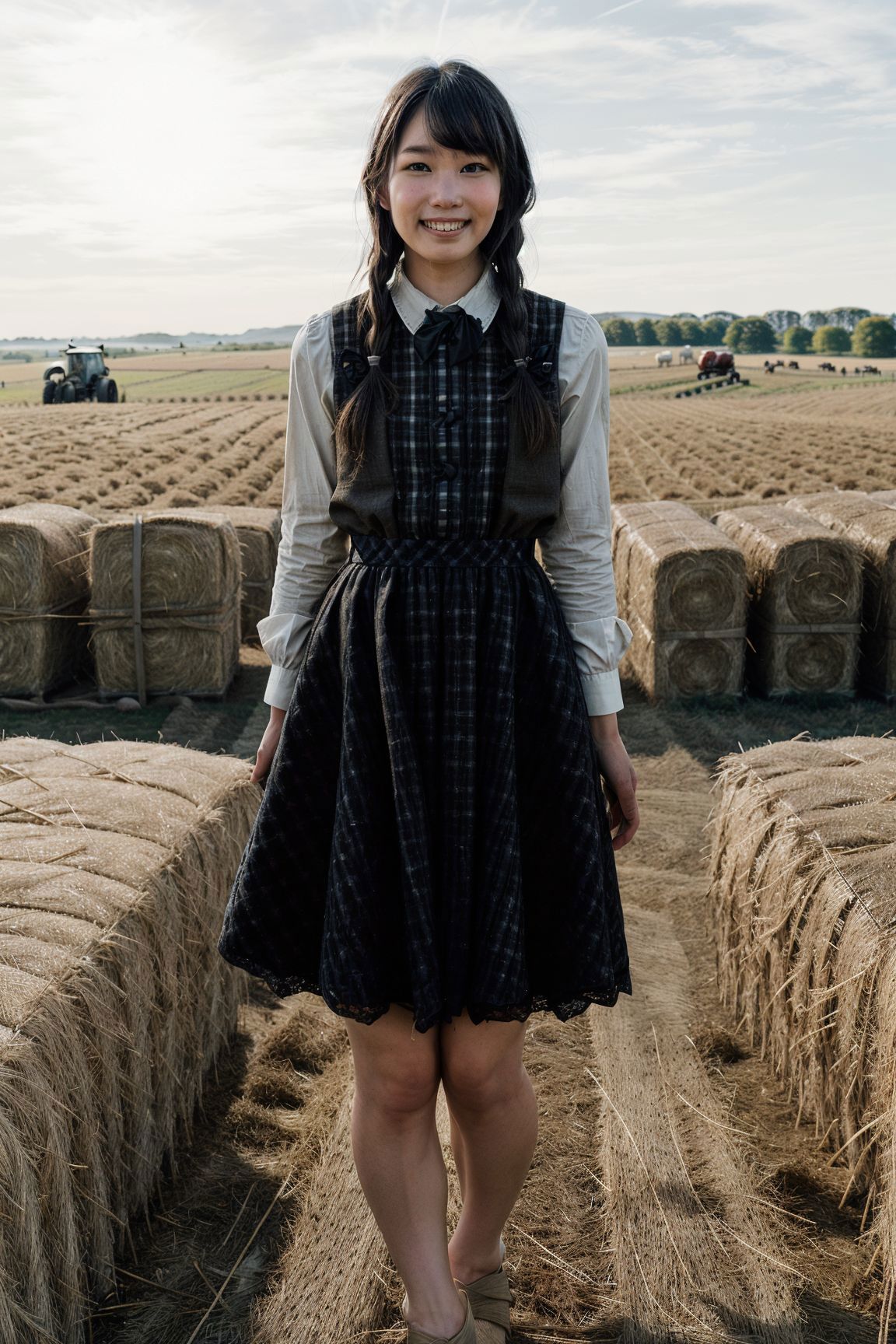 Arafed woman standing in a field of hay with a tractor in the background - SeaArt AI