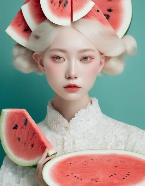 A woman with a bunch of watermelon on her head - SeaArt AI