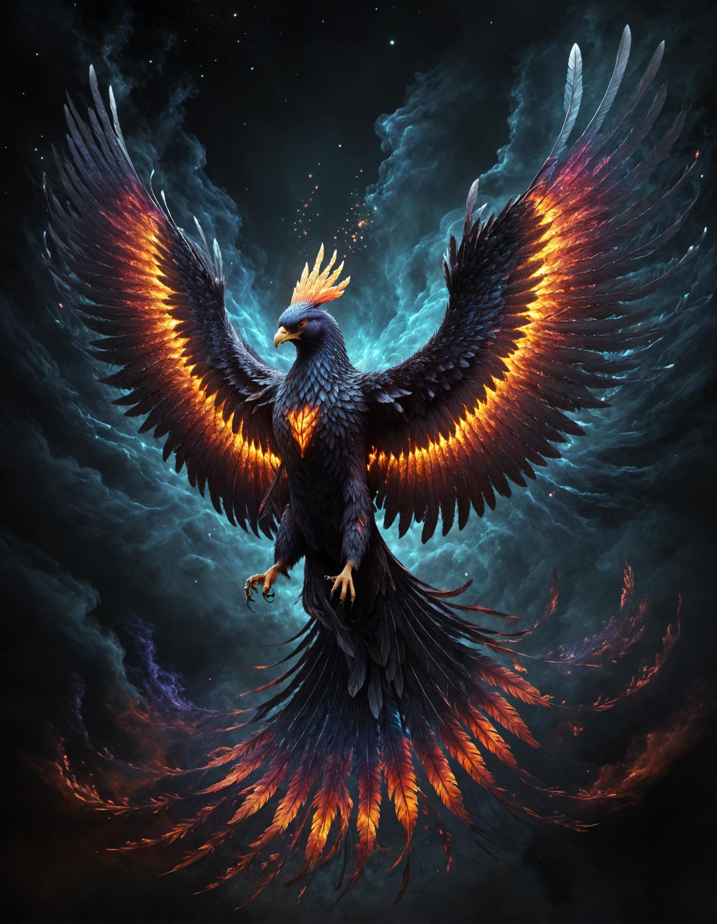 A bird with a fire and flames on its wings flying through the sky ...