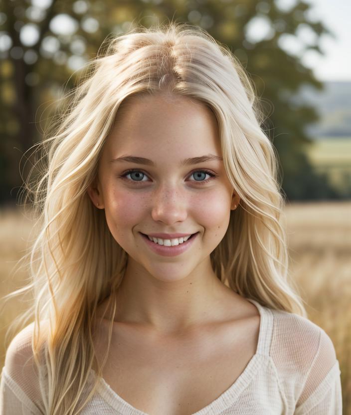 A close up of a young woman with long blonde hair in a field - SeaArt AI