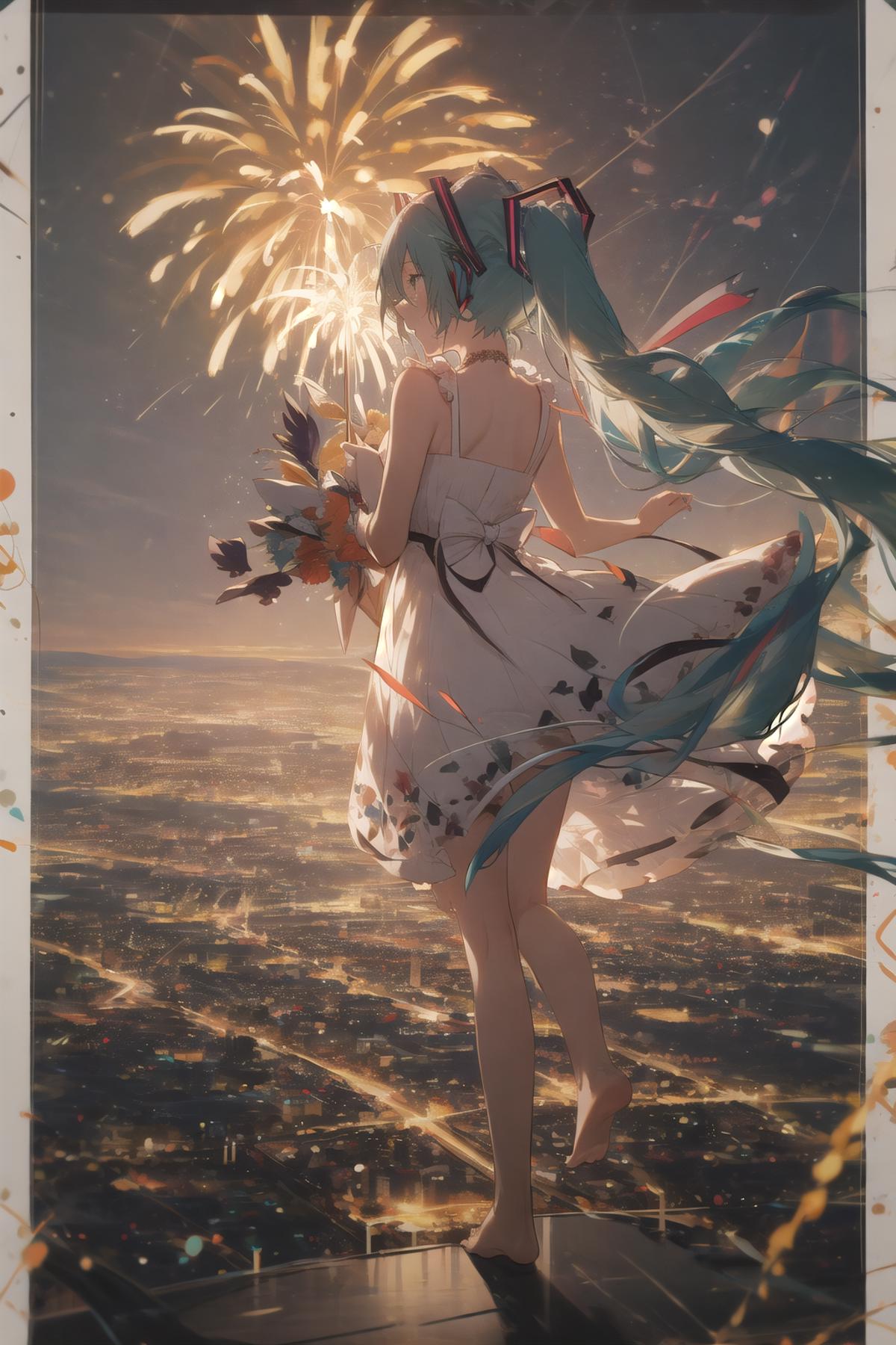 Kahuka1, 1girl, fireworks, long hair, hatsune miku, solo, twintails ...