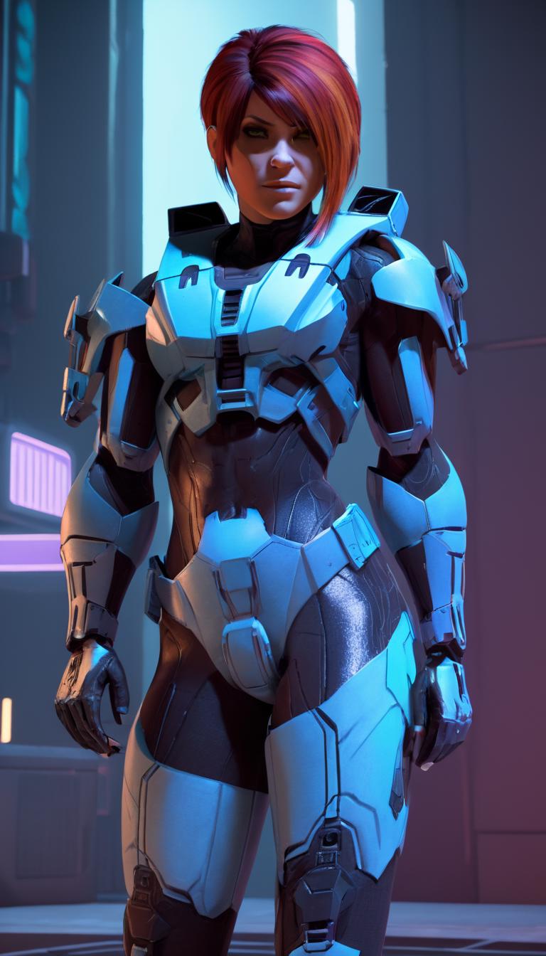 A woman in a futuristic suit standing in front of a building - SeaArt AI