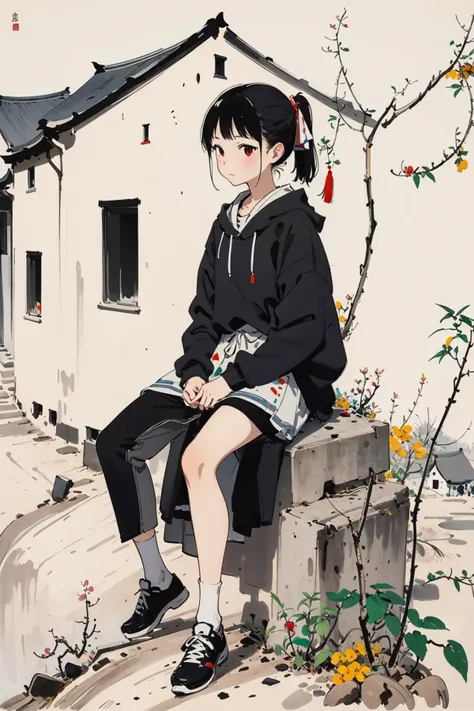 Anime girl sitting on a wall with a book in her hand - SeaArt AI