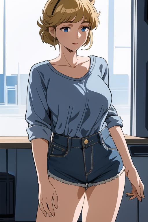 A woman in a blue shirt and shorts standing in front of a window - SeaArt AI