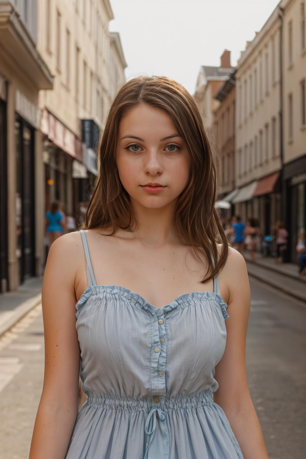 Arafed woman in a blue dress standing on a city street - SeaArt AI