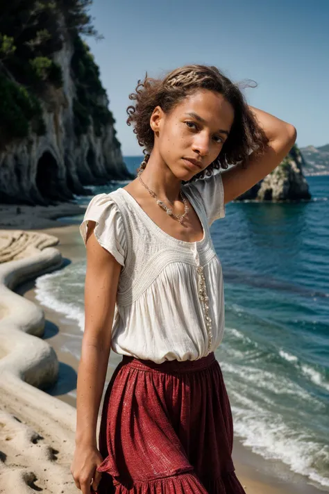 A woman standing on a beach with a red skirt and a white top - SeaArt AI