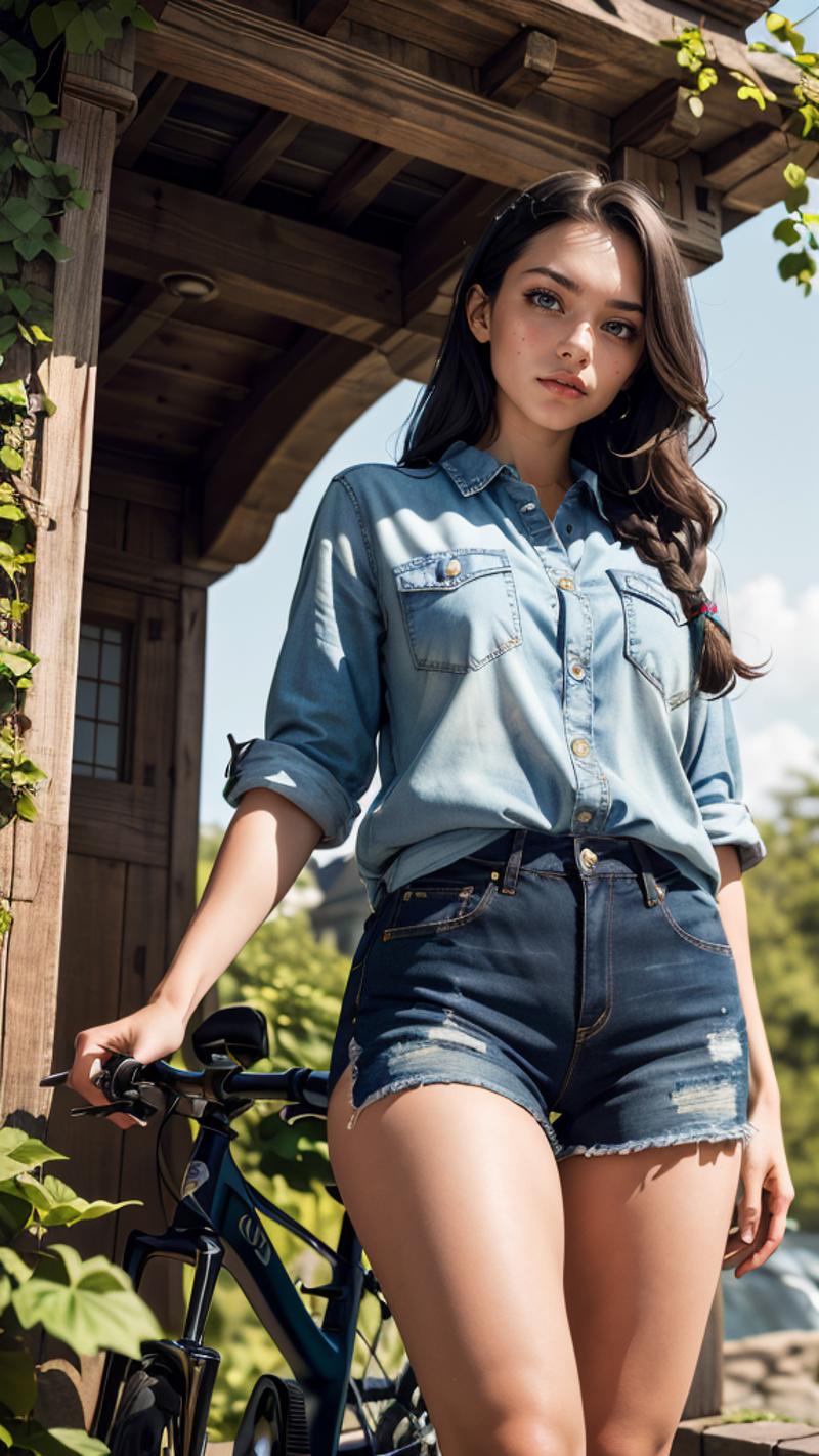 A woman in denim shorts and a denim shirt standing next to a bicycle - SeaArt AI
