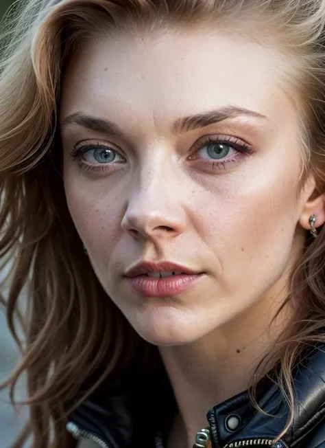 Blond woman with blue eyes and a leather jacket looking at the camera ...