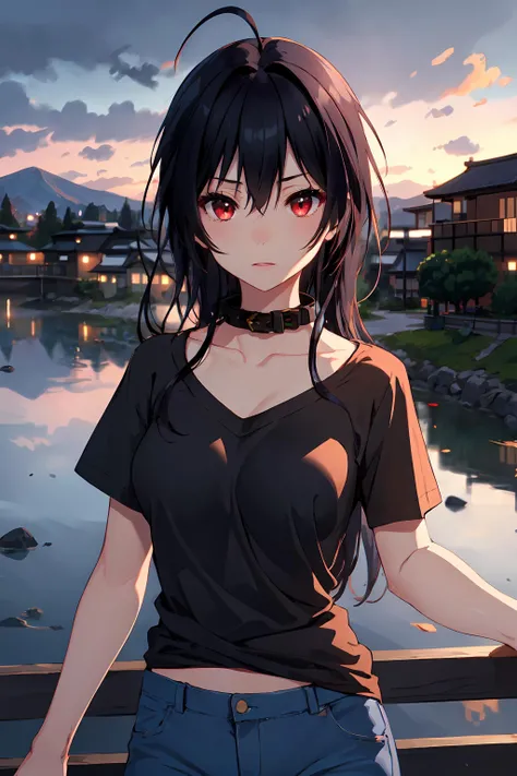 Anime girl with red eyes standing on a bridge by a lake - SeaArt AI