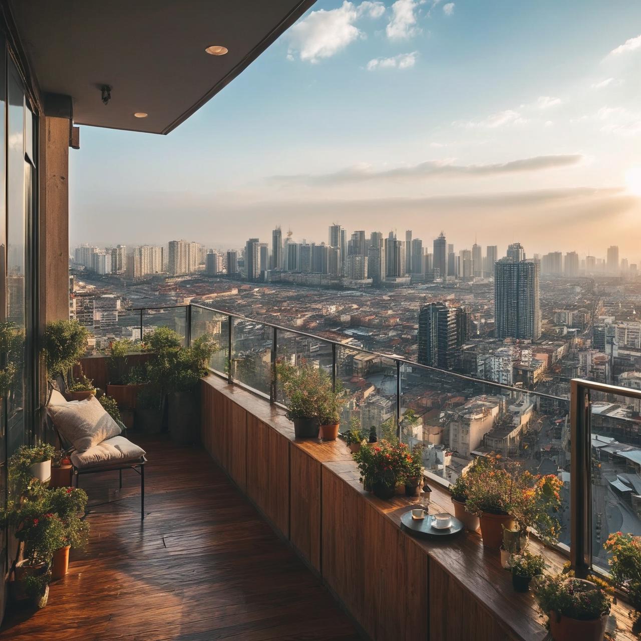 A view of a city from a balcony with a bench and potted plants - SeaArt AI