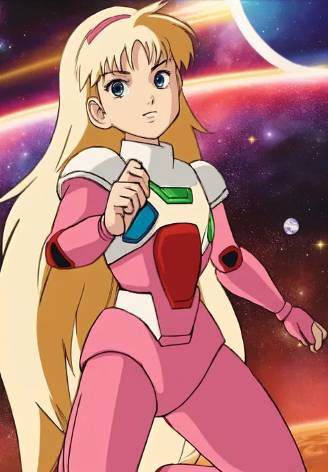 A woman in a pink suit standing in front of a planet - SeaArt AI