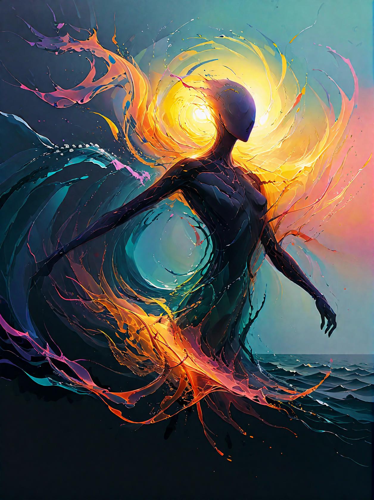 A painting of a person standing in the water with a large wave - SeaArt AI