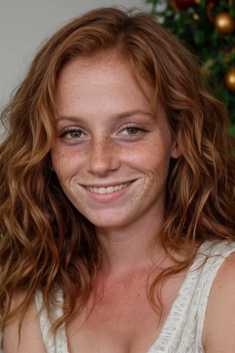 A close up of a woman with freckles smiling at the camera - SeaArt AI