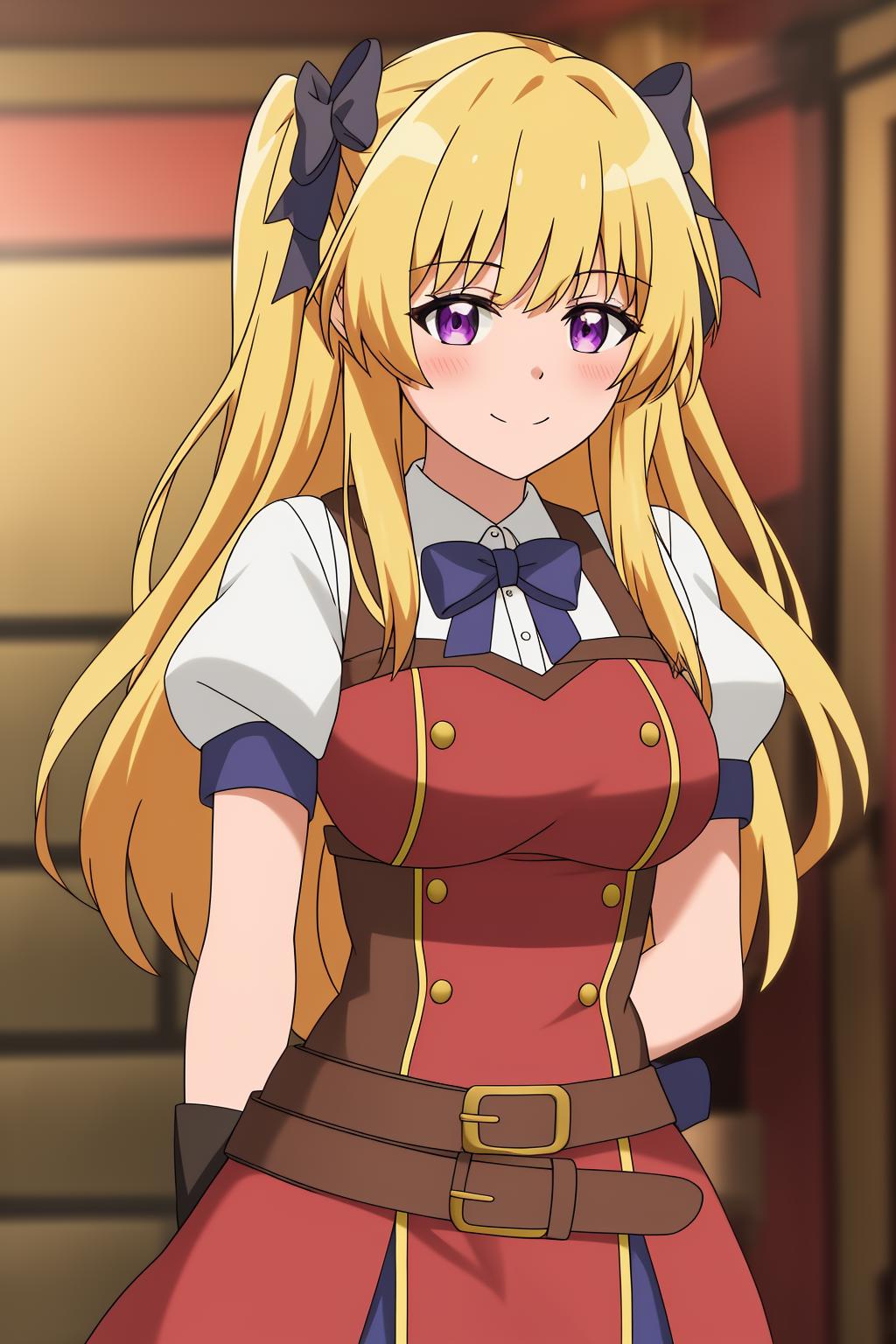 A woman in a red dress with long blonde hair and a bow - SeaArt AI