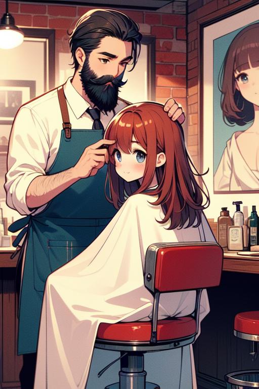Anime - style illustration of a barber cutting a woman's hair - SeaArt AI