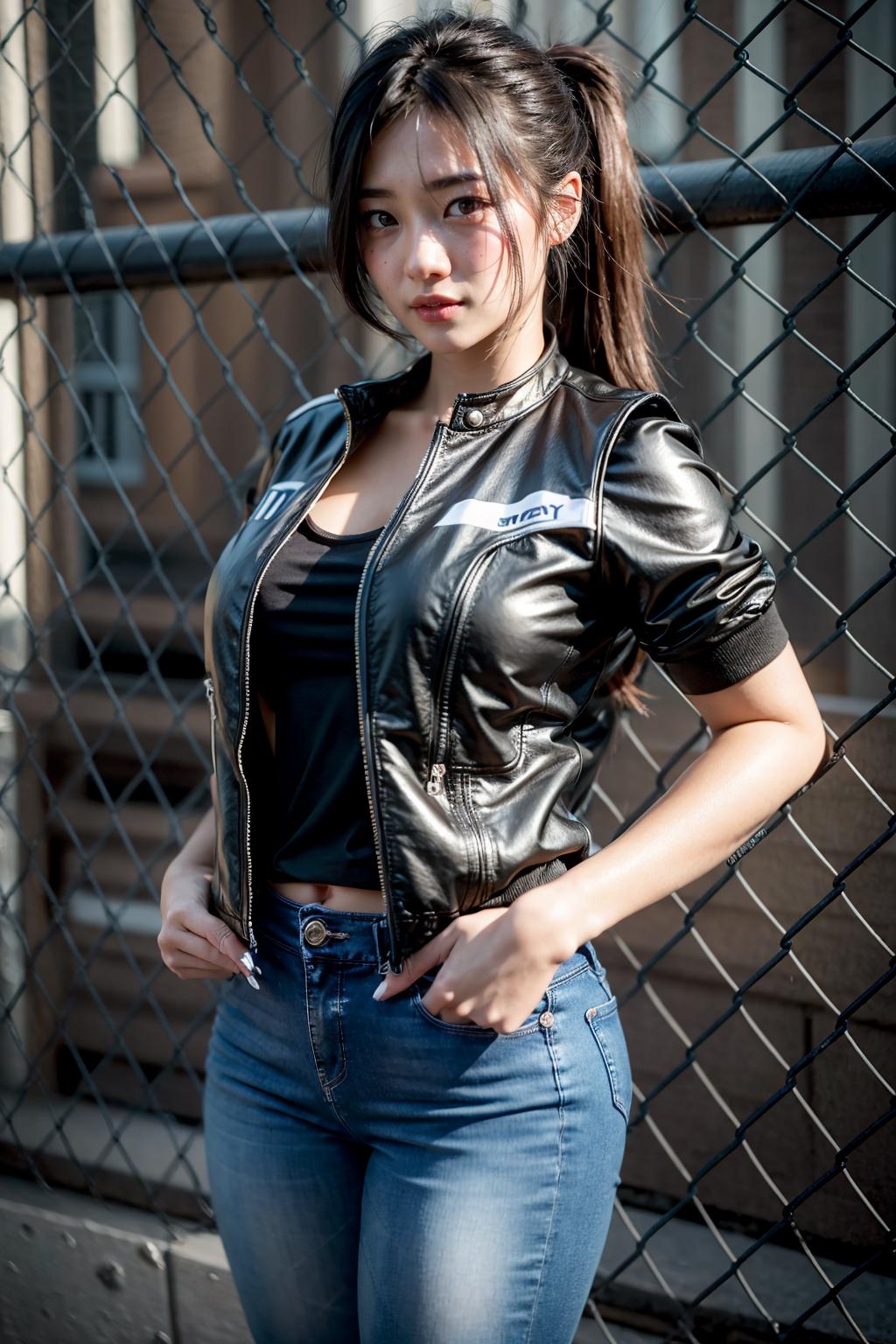 Araffe woman in a black leather jacket and jeans posing for a picture ...