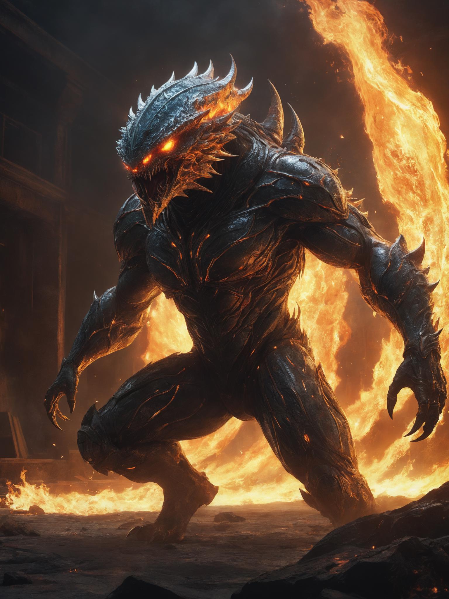 A demonic looking creature in a dark room with flames - SeaArt AI