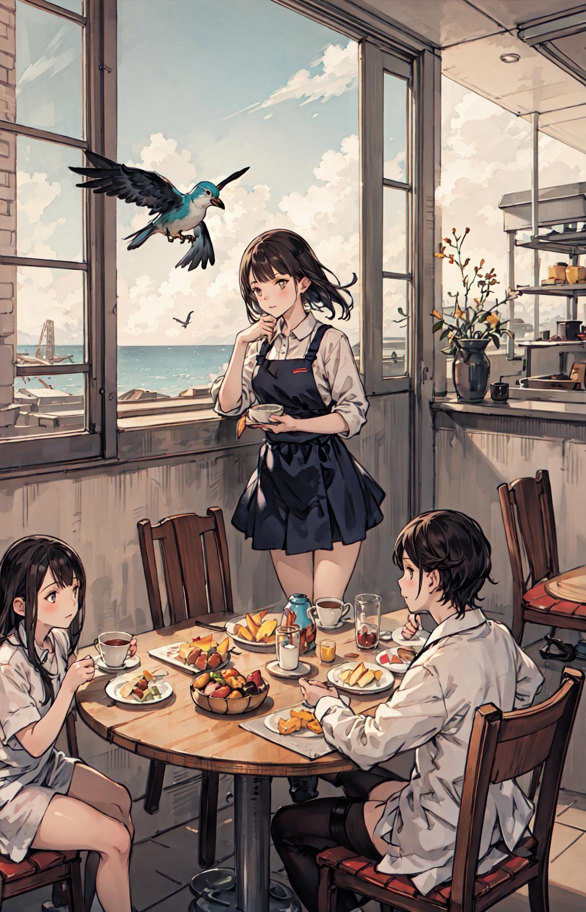 Anime girl standing at a table with birds flying over her - SeaArt AI