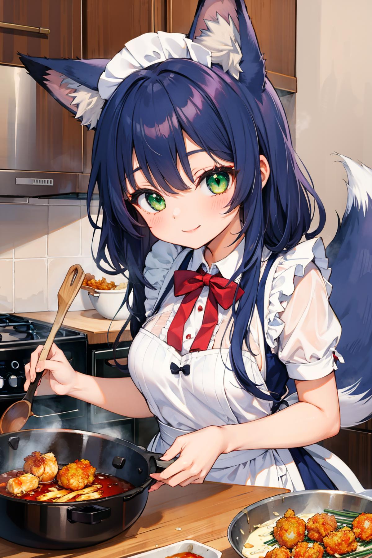 Anime girl in a kitchen cooking food with a cat ears - SeaArt AI