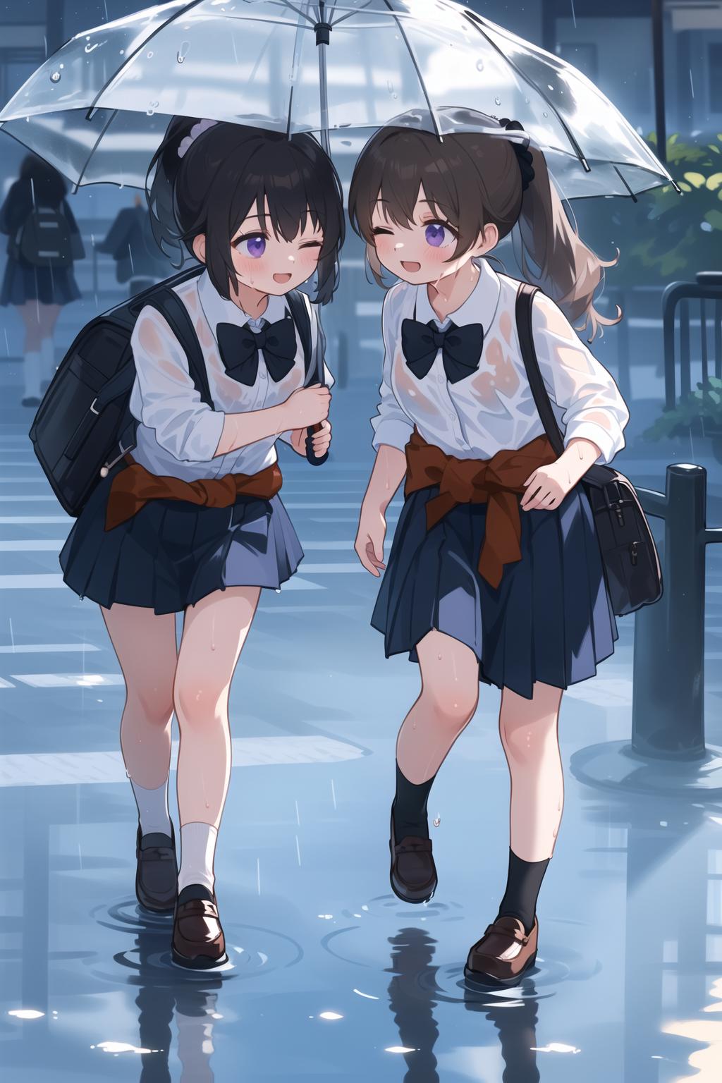 Two girls in school uniforms walking in the rain with umbrellas - SeaArt AI