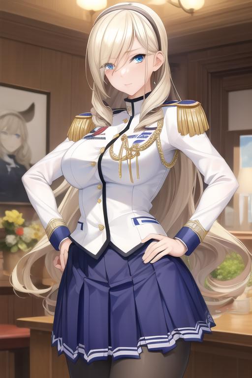 A woman in a uniform standing in a room with a desk - SeaArt AI