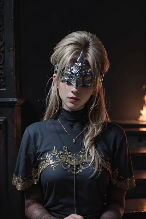 A woman in a black dress and a mask sitting on a table - SeaArt AI
