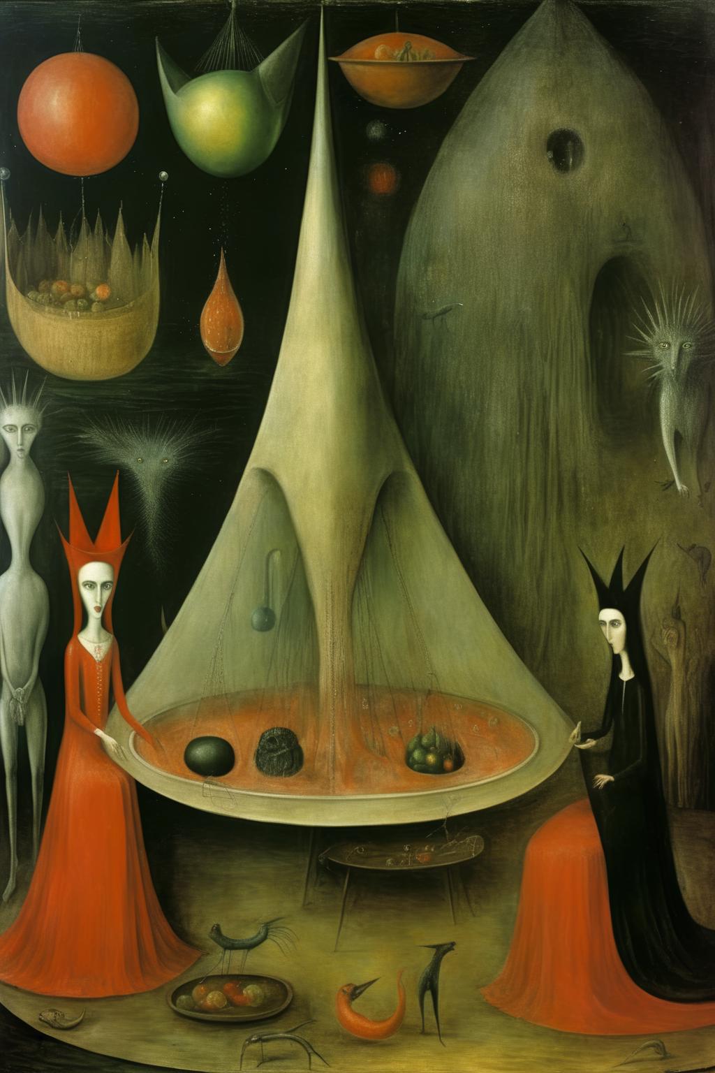 A painting of a woman in a red dress and two men in black robes - SeaArt AI