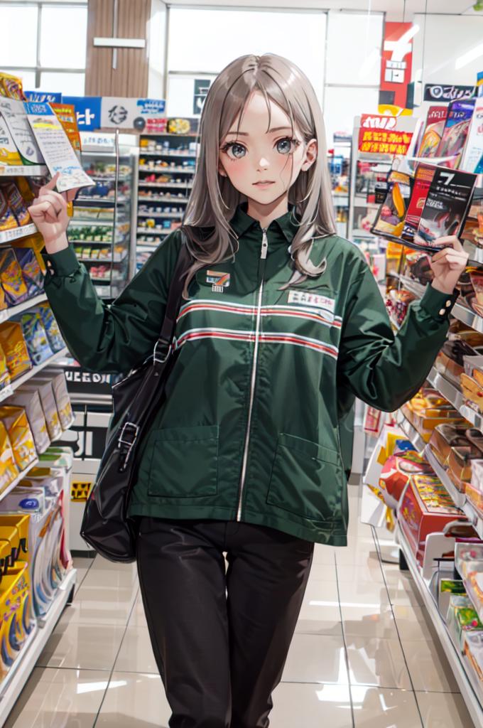 A woman in a green jacket is standing in a store - SeaArt AI