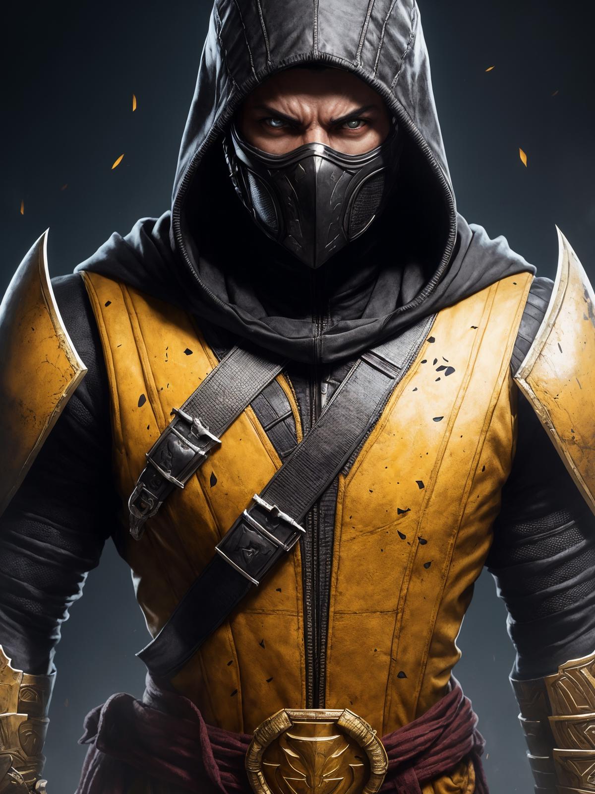 A man in a yellow and black outfit with a hood on - SeaArt AI