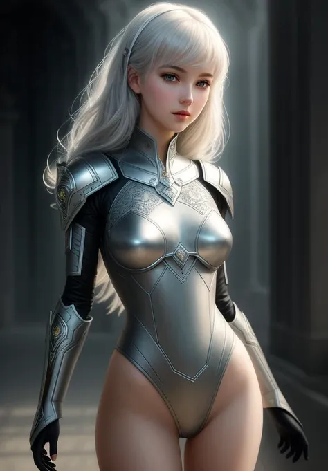 A woman in a silver bodysuit and black gloves - SeaArt AI