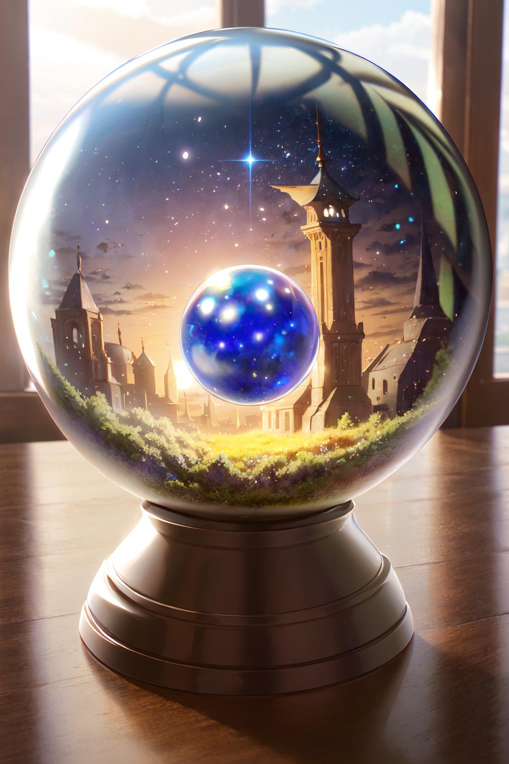 There is a crystal ball with a picture of a city inside of it - SeaArt AI