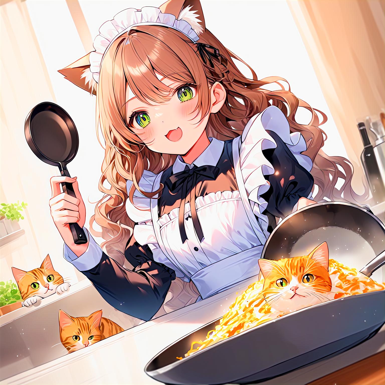 Anime girl with a cat and a frying pan in a kitchen - SeaArt AI