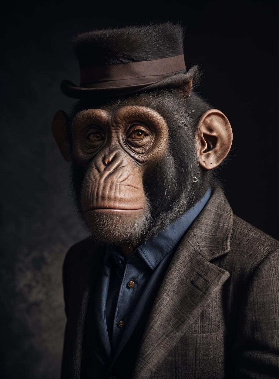 A close up of a monkey wearing a suit and a hat - SeaArt AI