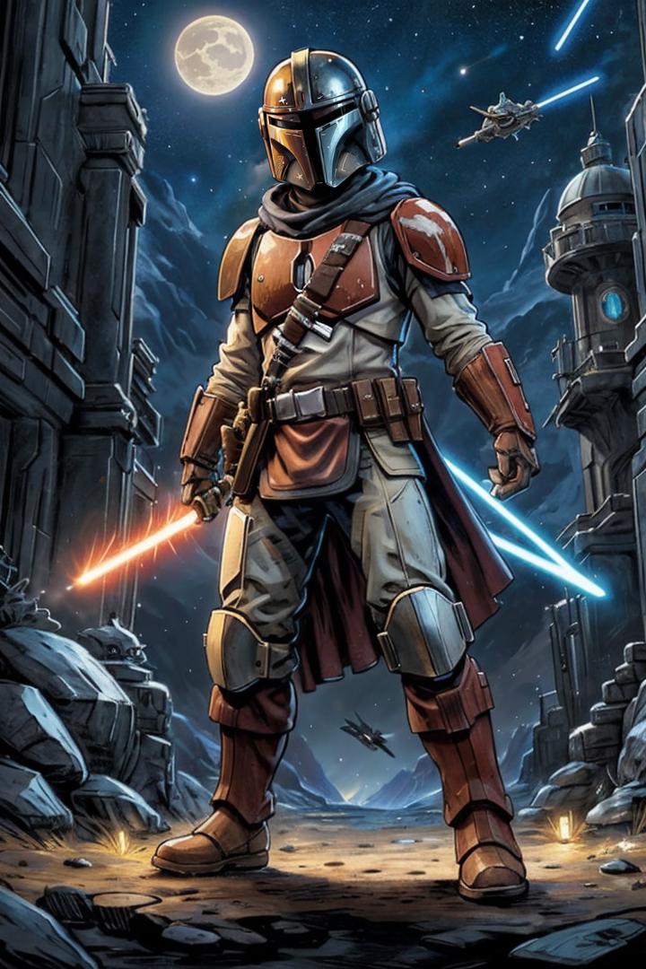 A star wars poster of a man in armor with lights - SeaArt AI