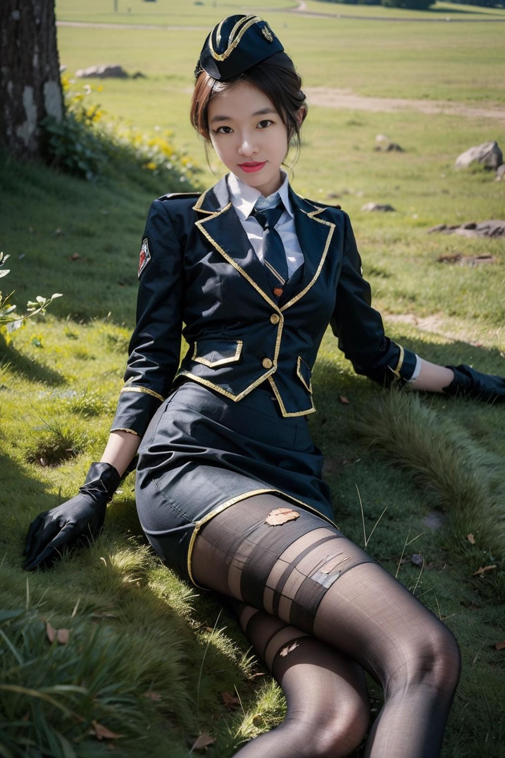 Arafed woman in uniform sitting on the grass in a field - SeaArt AI