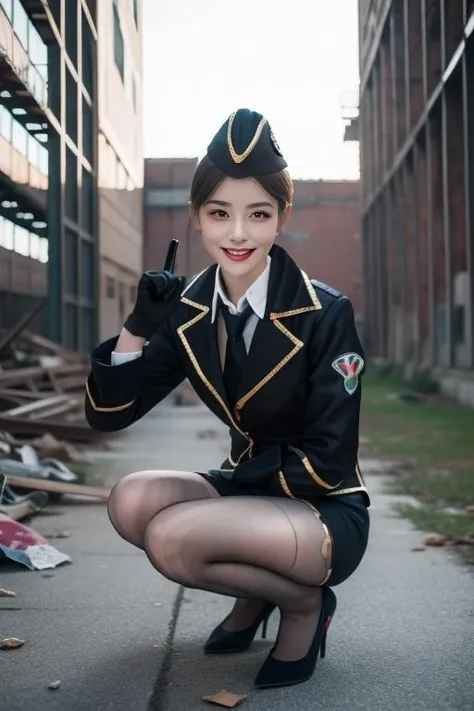 Arafed woman in uniform kneeling on the ground in front of a building ...