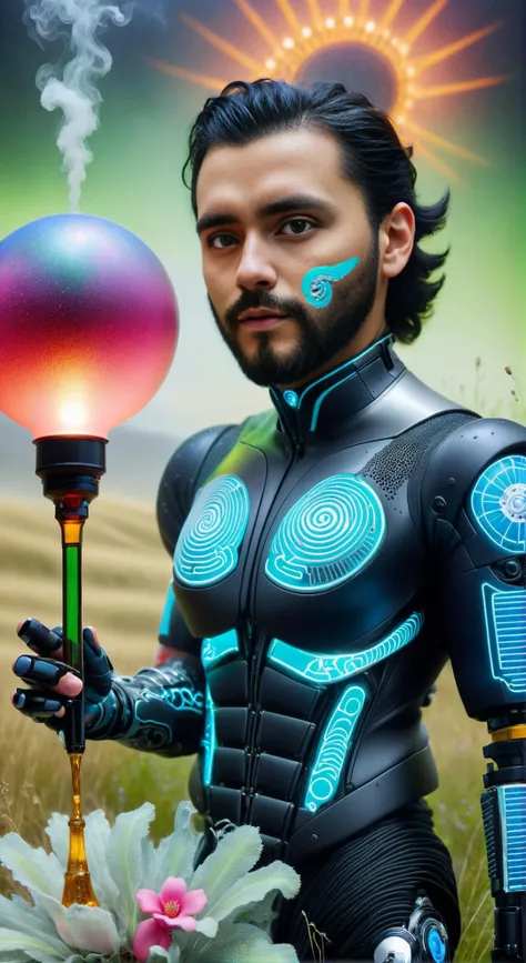 A close up of a man in a suit holding a ball and a torch - SeaArt AI