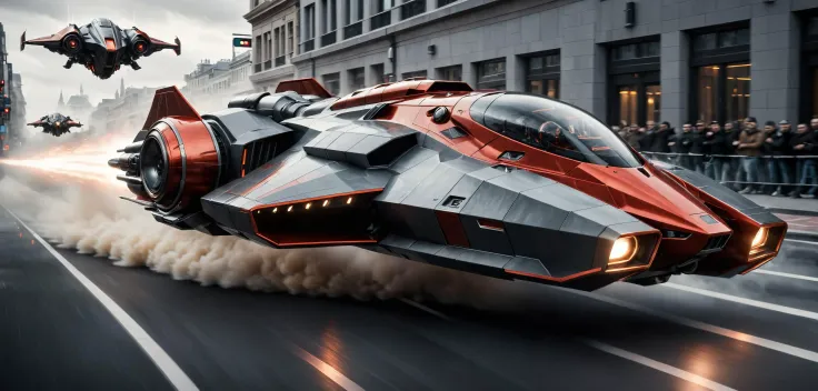 A close up of a red and black vehicle with a jet flying over it - SeaArt AI