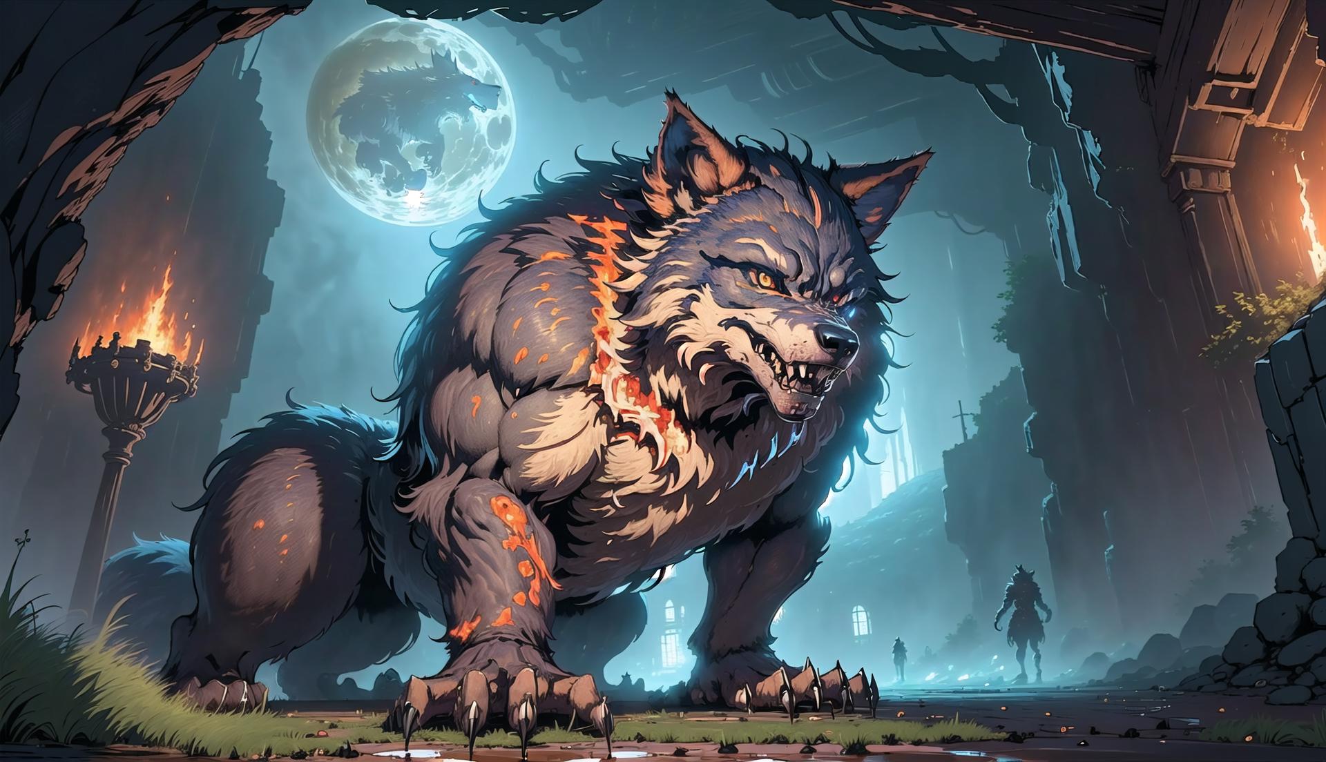 A close up of a wolf in a cave with a full moon in the background ...