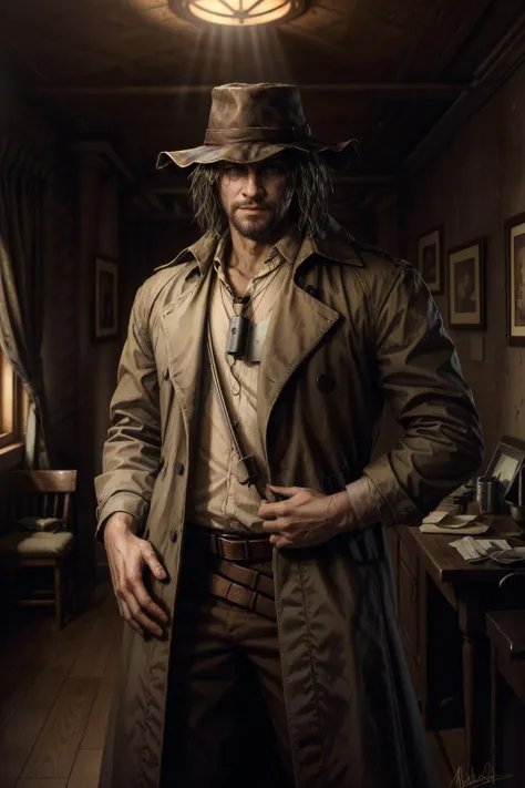 A man in a trench coat and hat standing in a room - SeaArt AI