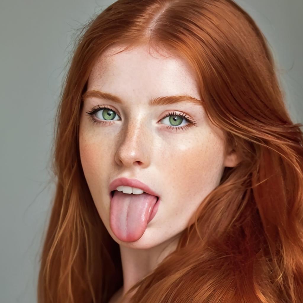A close up of a woman with a long red hair sticking out her tongue - SeaArt AI