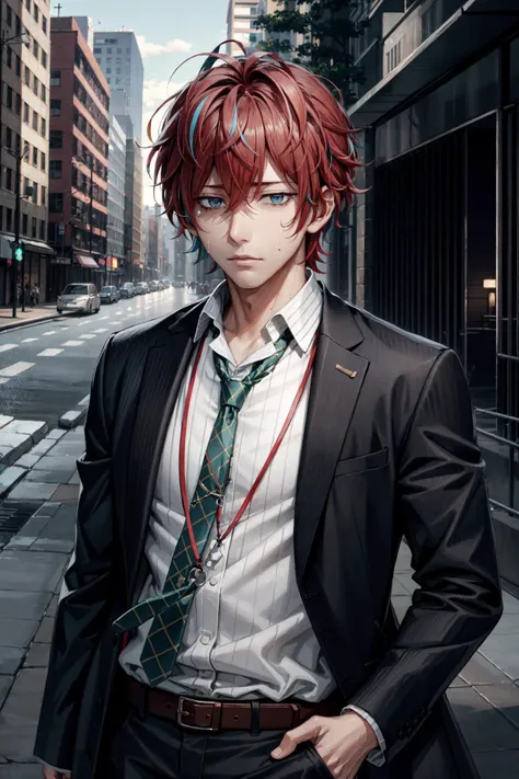 Anime guy with red hair and a tie standing on a city street - SeaArt AI