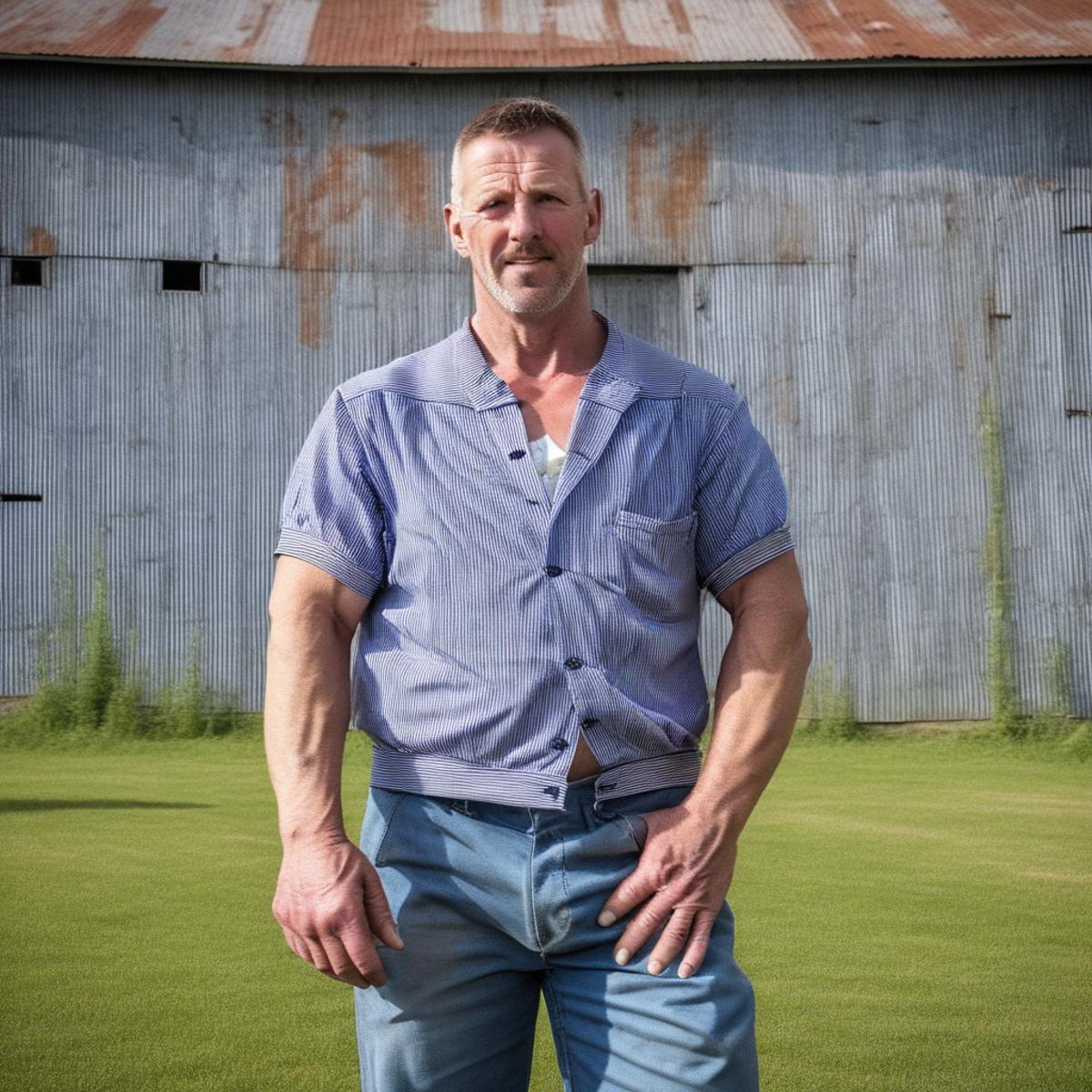 Arafed man standing in front of a barn with a blue shirt - SeaArt AI