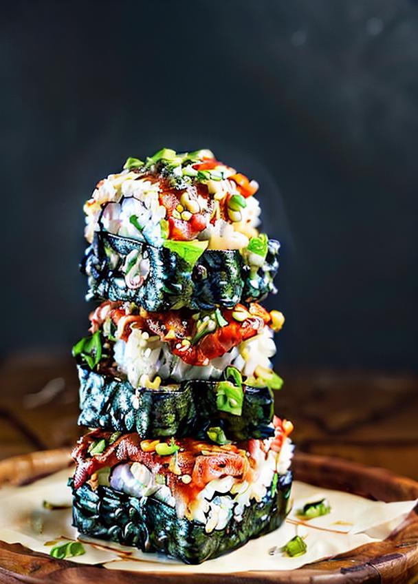 A close up of a stack of sushi on a plate - SeaArt AI