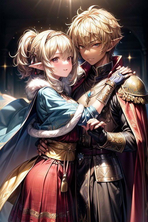 A couple of anime characters hugging each other in front of a castle ...