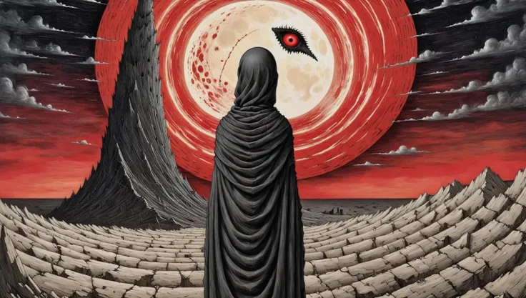 A painting of a person in a black cloak standing in front of a red sun ...