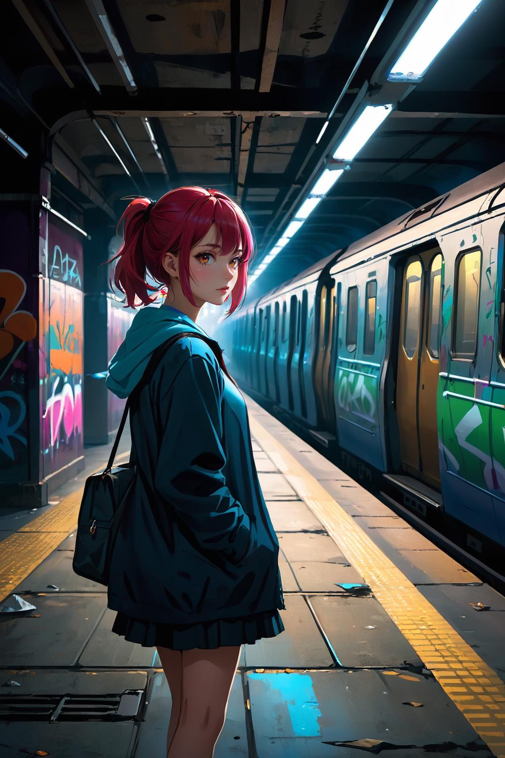 Anime girl standing in a subway station with a train in the background ...