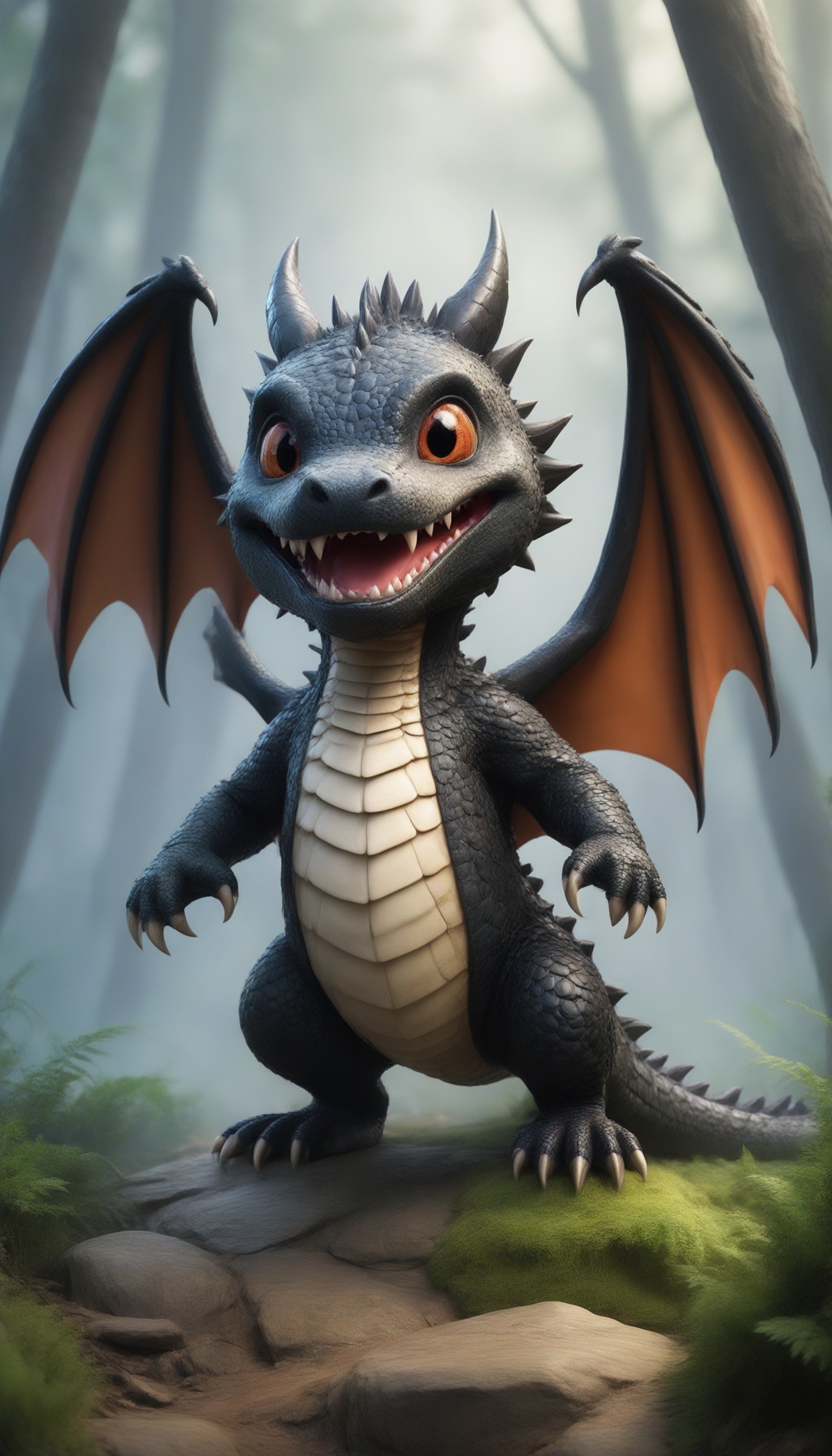A cartoon dragon with big eyes and a big tail standing in the woods ...